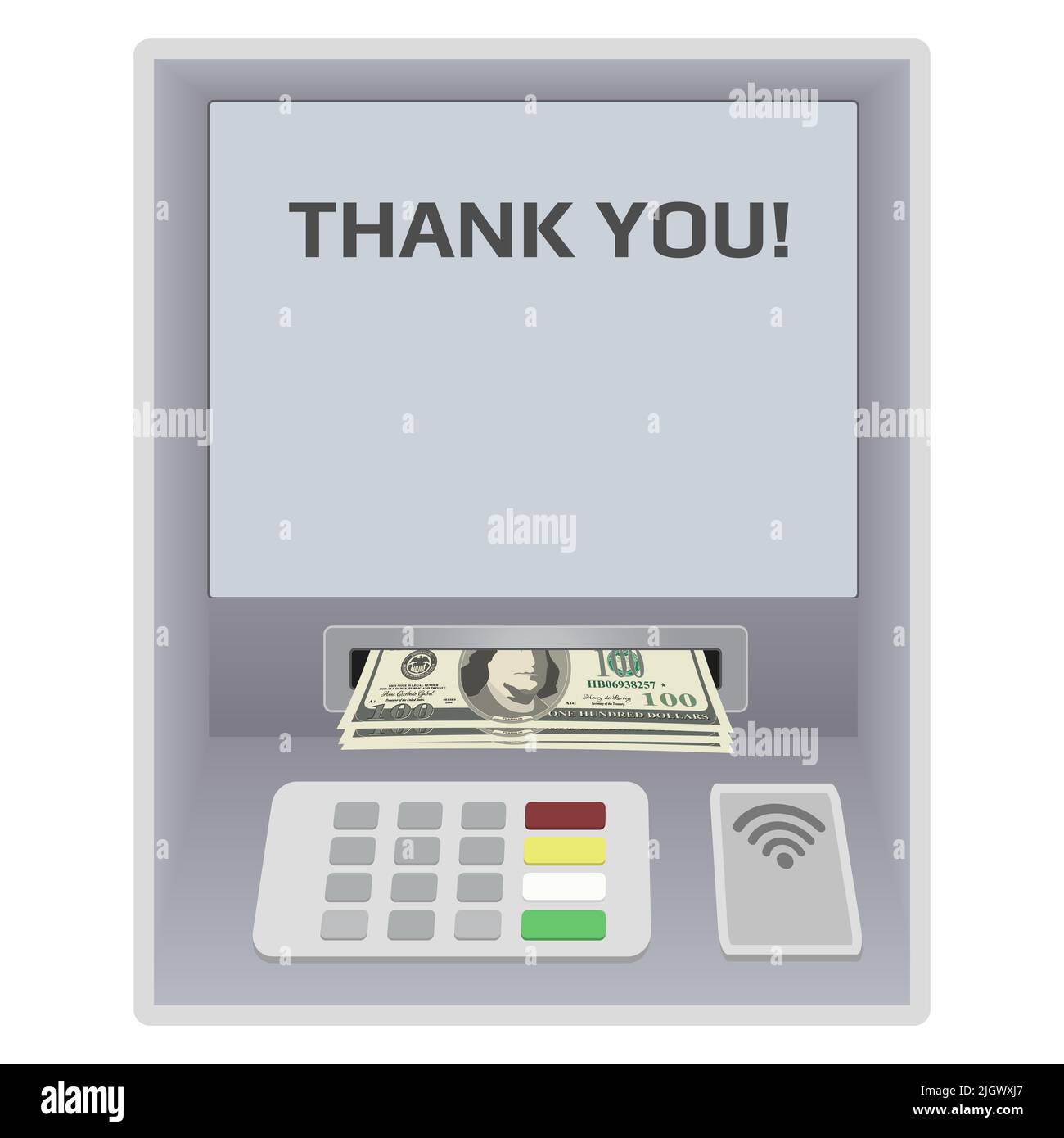 Cash dollars in slot of ATM machine with display, keypad and ...