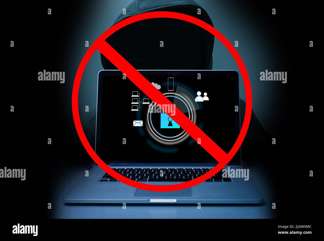 the hacker in the hood, laptop with lock Stock Photo - Alamy