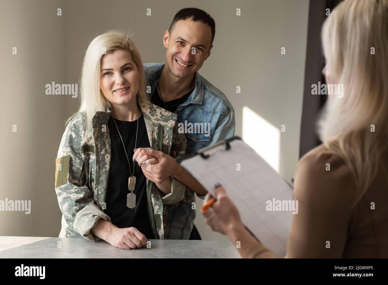 Military psychiatry concept. soldier lady sitting on couch during ...