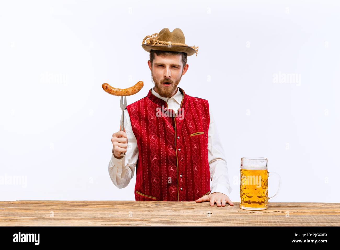 Happy man wearing traditional fest Bavarian or German outfit with big ...