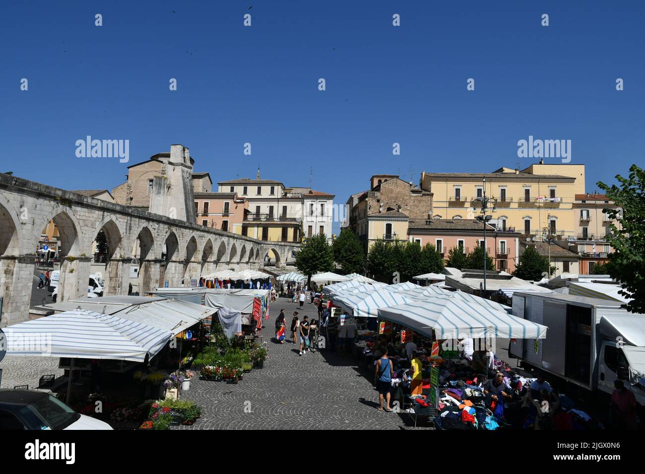 The market square of Sulmona, an Italian village in the Abruzzo region ...
