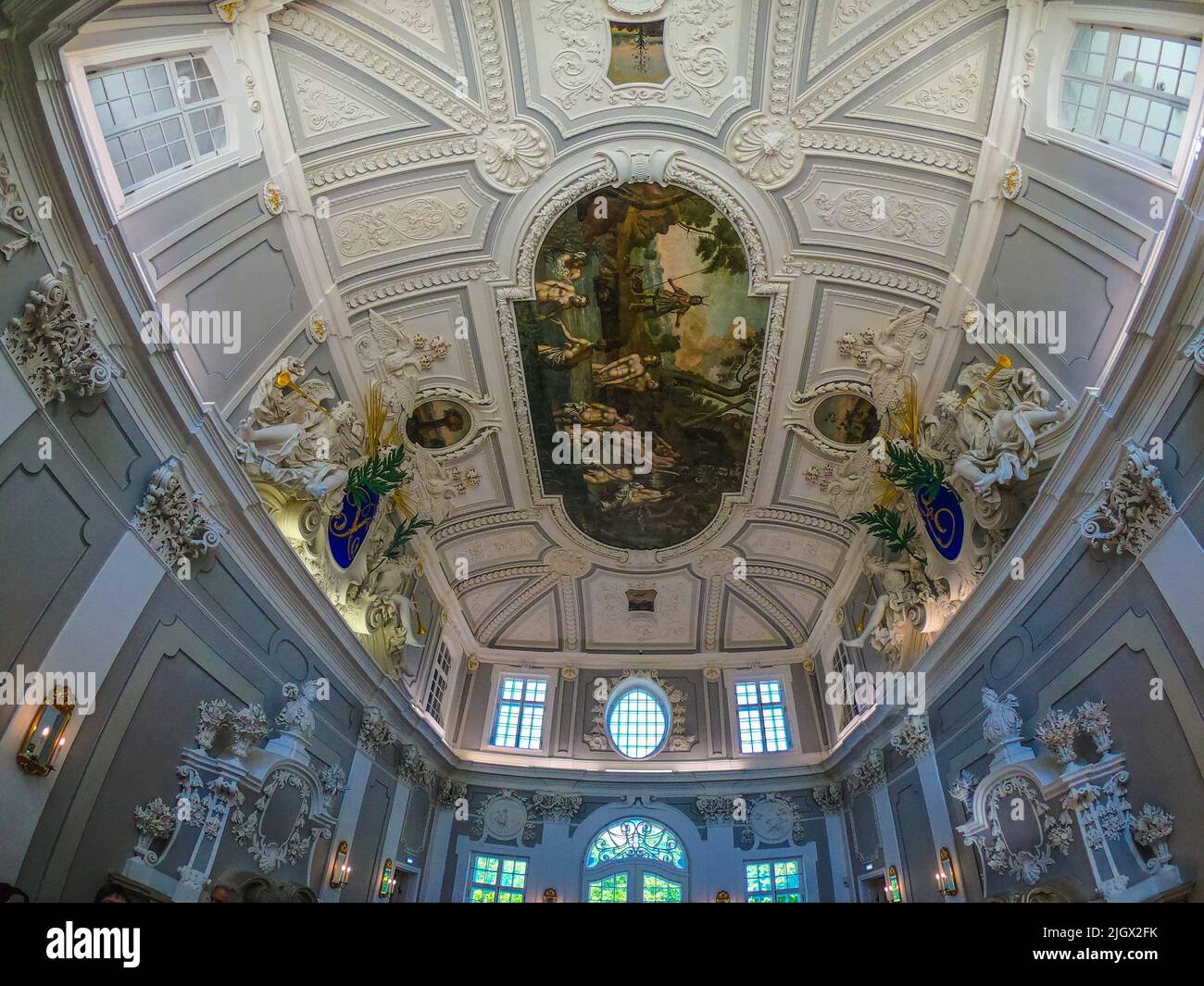 A low angle shot of the ceiling of the Kadriorg Palace hall with marble ...