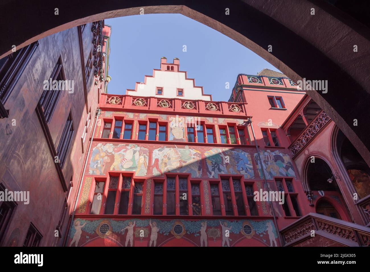 The ornate courtyard of the Basel town hall (Rathaus) open to the ...