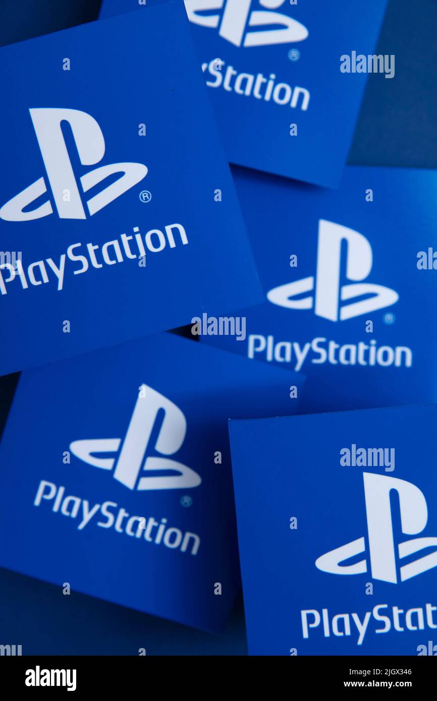 LONDON, UK - July 2022: Sony playstation logo against a blue background ...