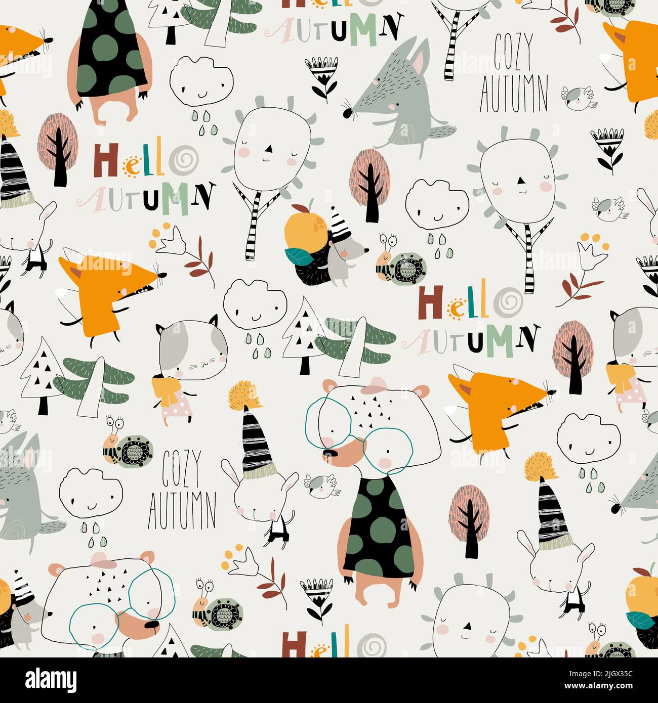 Seamless Pattern with Cartoon Funny Animals and Trees Stock Vector ...