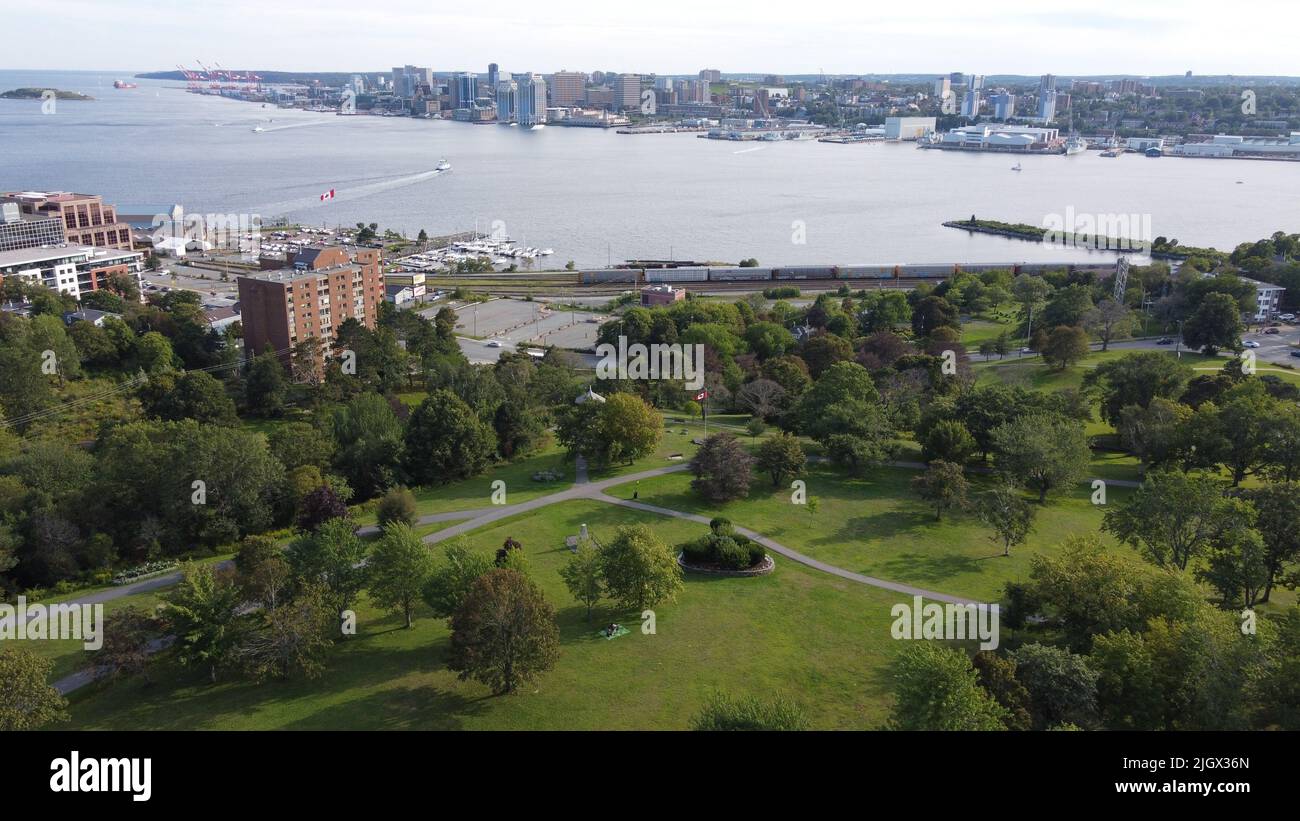An aerial view of meadow with trees by the Dartmouth, Halifax Harbour ...