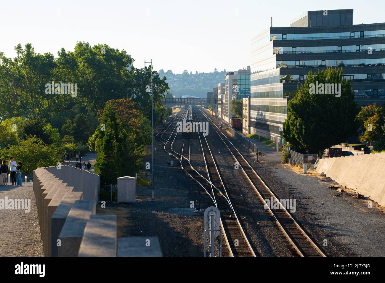 An aerial shot of the railway tracks of Seattle Belltown area with ...