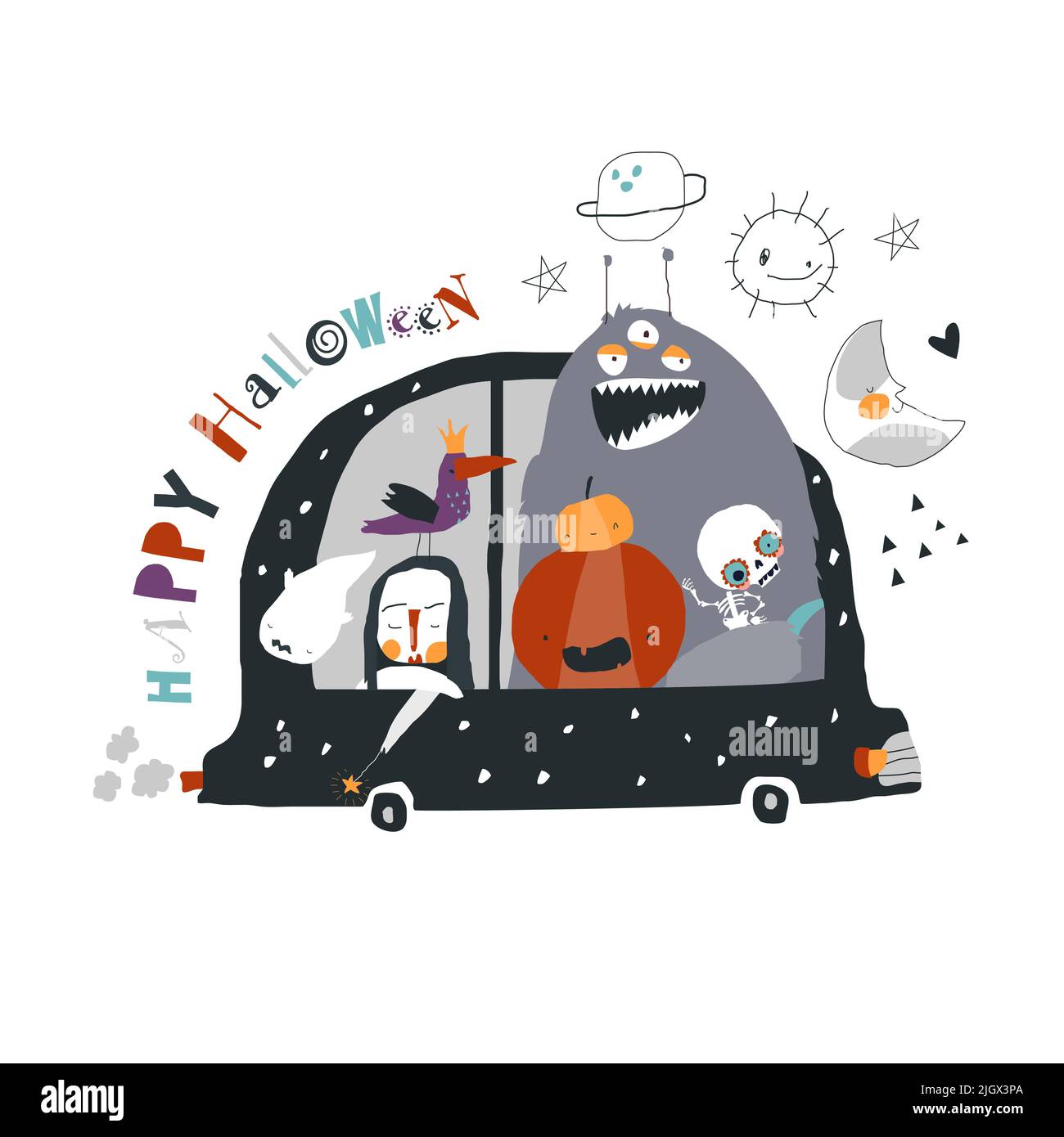 Cartoon Crazy Halloween Monsters travelling by Car Stock Vector Image ...