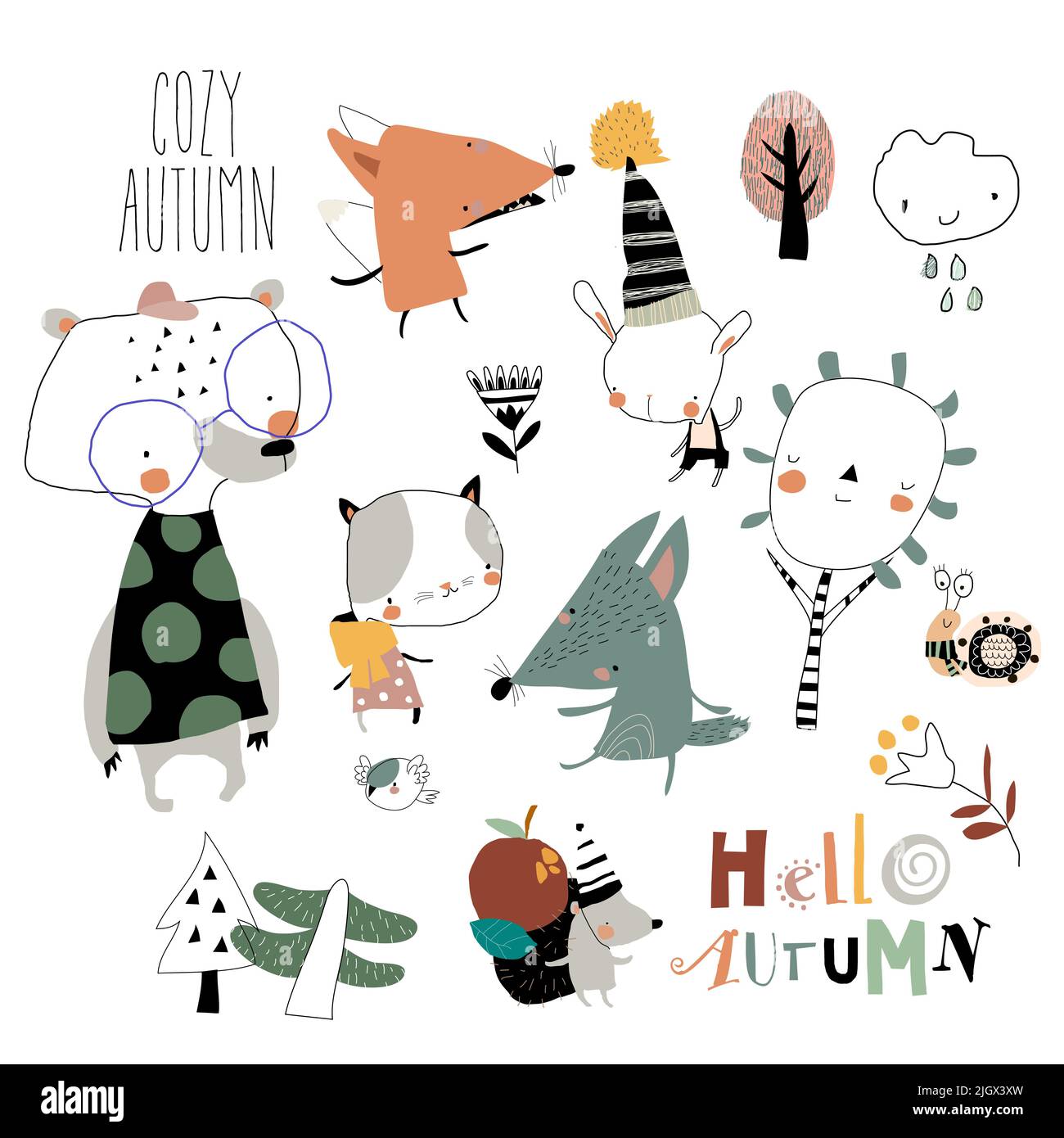 Cartoon Autumn Set with Funny Animals and Trees Stock Vector Image ...
