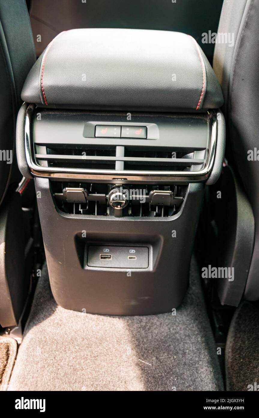 The rear of the centre console in the Ford Evos crossover car seen on a ...
