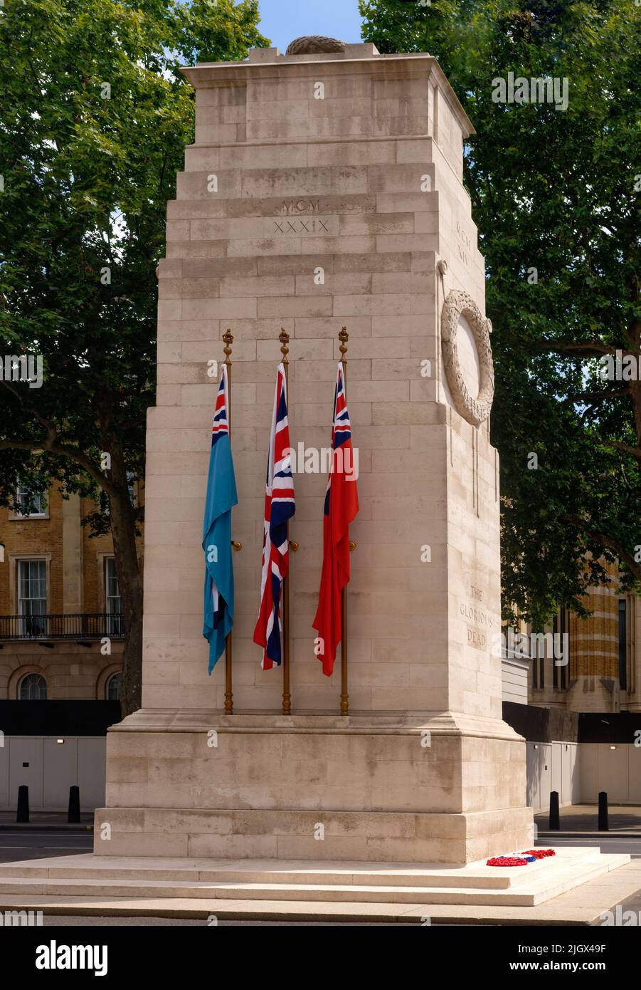 British military flags adorn the Cenotaph remembrance war memorial with ...