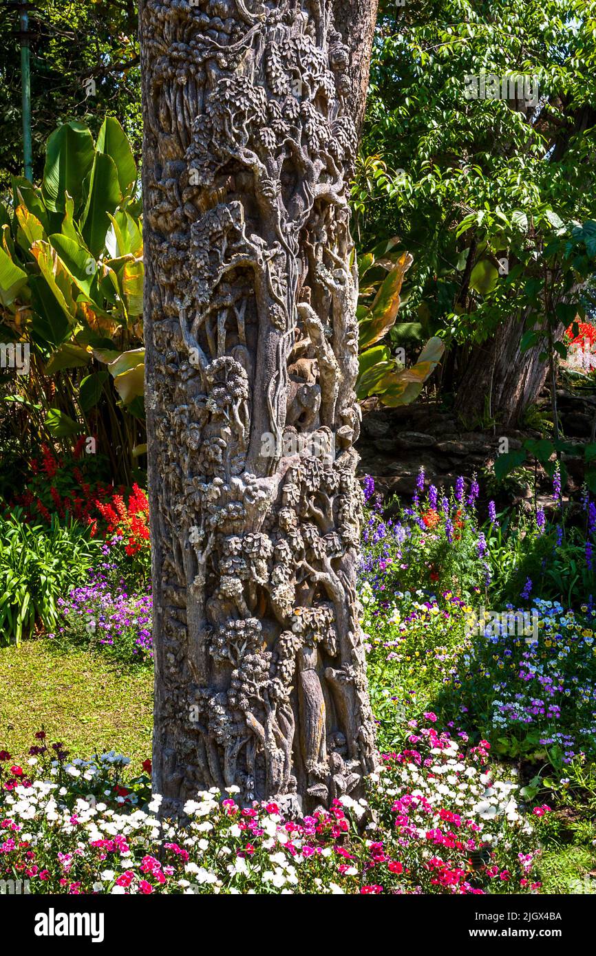 Flowers sourround this ancient carved tree at Bhubing Stock Photo - Alamy