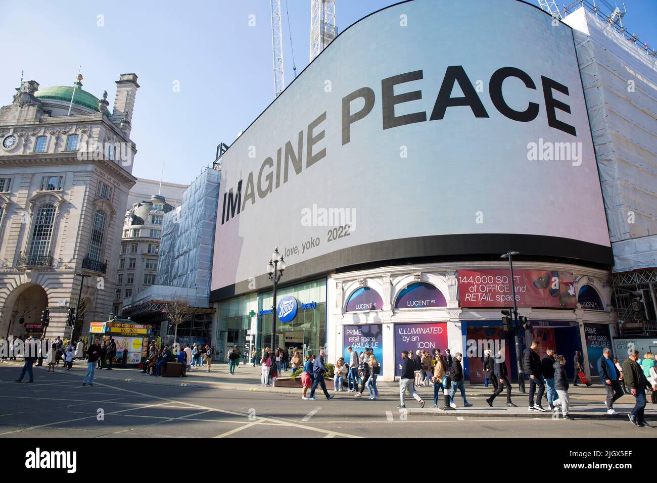 ‘IMAGINE PEACE’, a message by Yoko Ono is displayed on the large ...