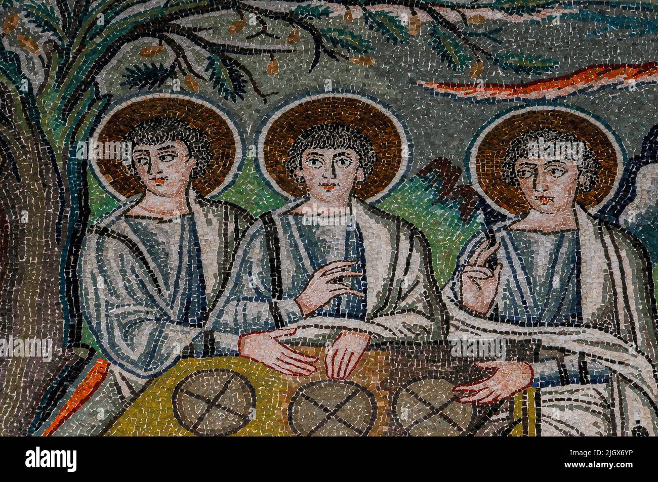 Three angels, disguised as men, sit at Abraham's table. Detail of ...