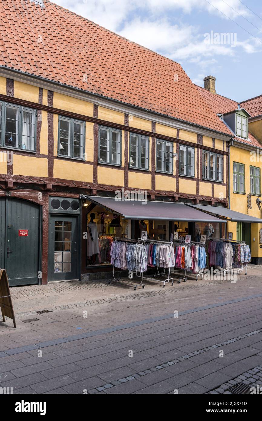 Helsingor, 2022 june 20, cityscape with outdoor clothing sale at ...