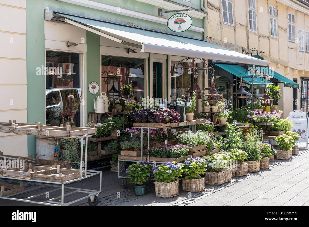 Helsingor, 2022 june 20, cityscape with outdoor flower shop sale at ...