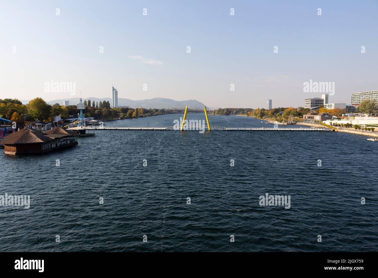 VIENNA, AUSTRIA - October 11, 2018: Pedestrian bridge at Donau insel ...