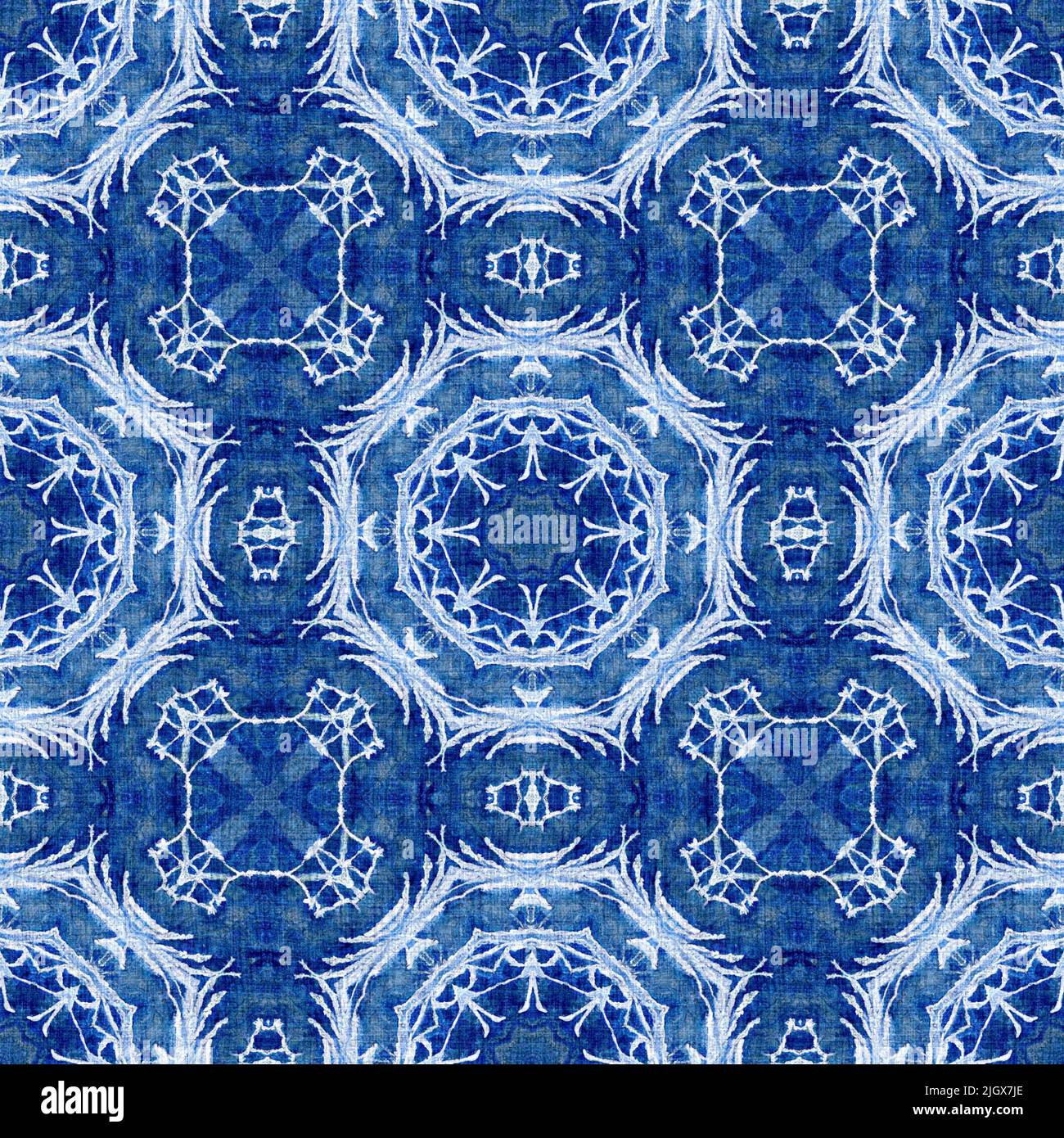 Indigo blue snow flake damask pattern background. Frosty painterly ...