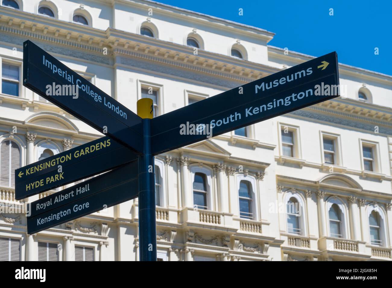 Direction signpost in Exhibition Road, South Kensington, London ...