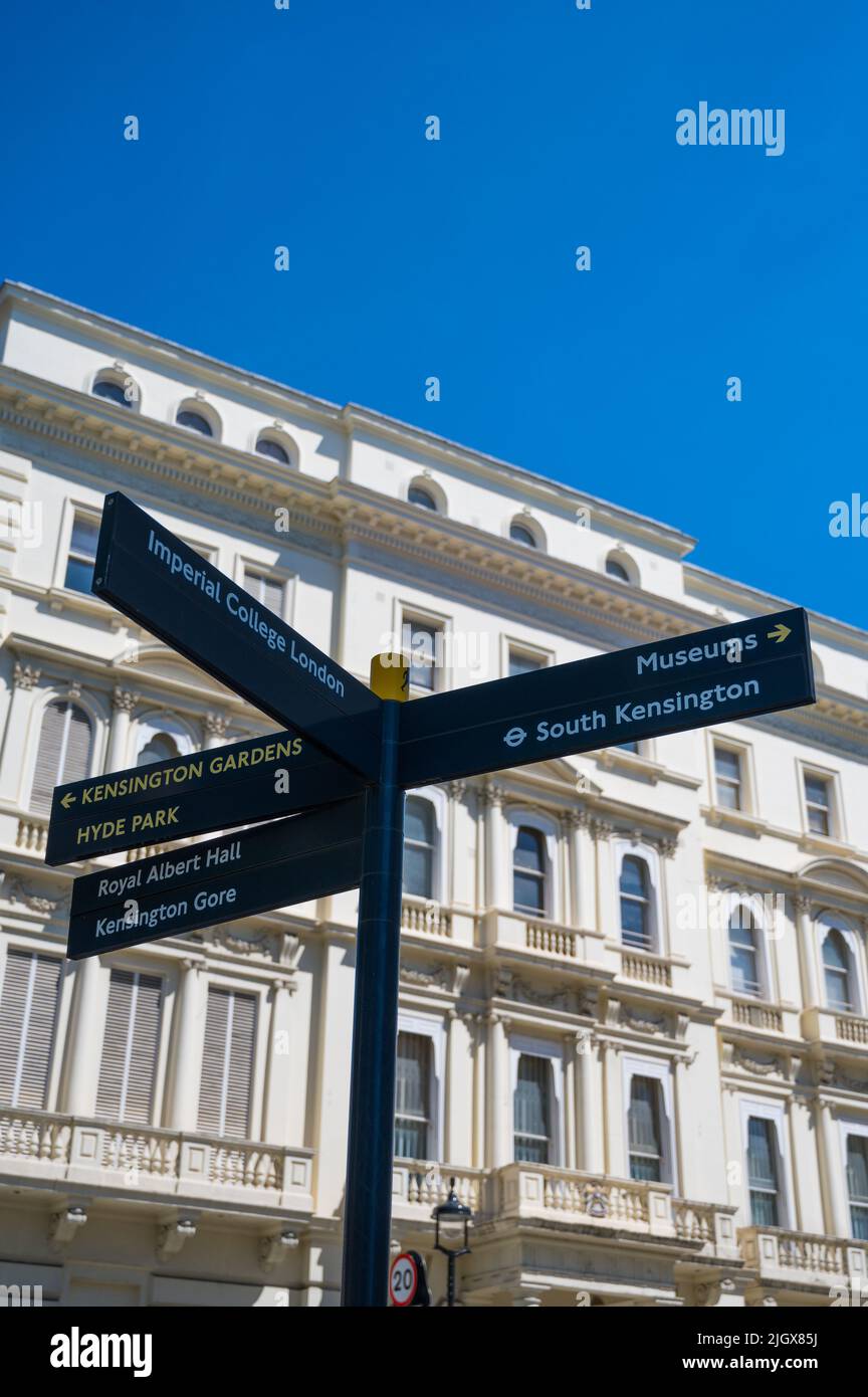 Direction signpost in Exhibition Road, South Kensington, London ...
