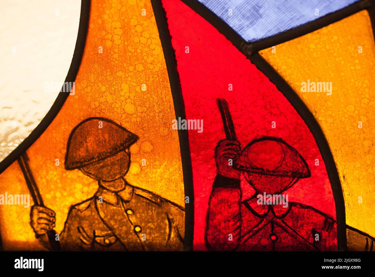 Close-up abstract of one artists stained glass panel entry depicting ...