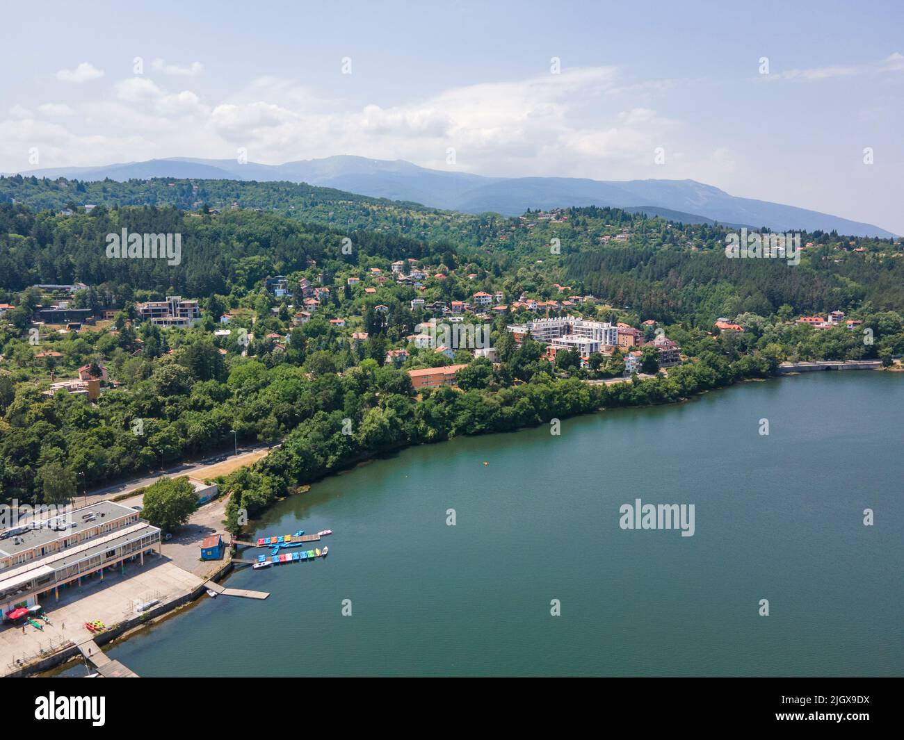 Aerial summer view of Pancharevo lake, Sofia city Region, Bulgaria ...