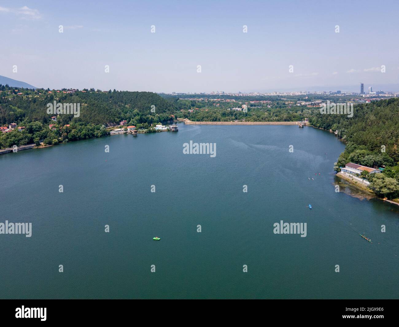 Aerial summer view of Pancharevo lake, Sofia city Region, Bulgaria ...