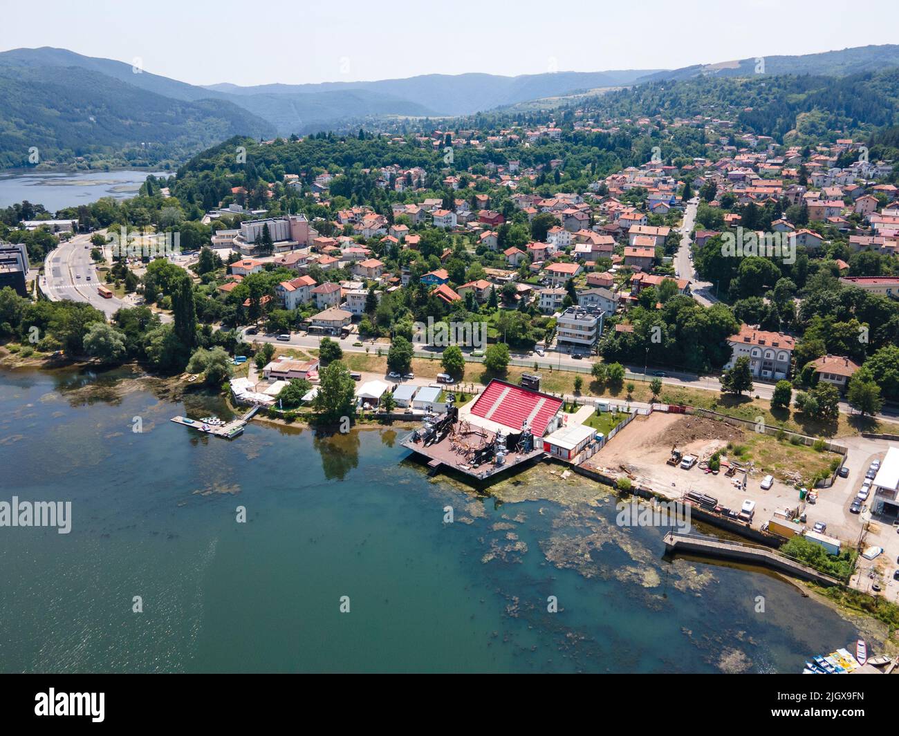 Aerial summer view of Pancharevo lake, Sofia city Region, Bulgaria ...