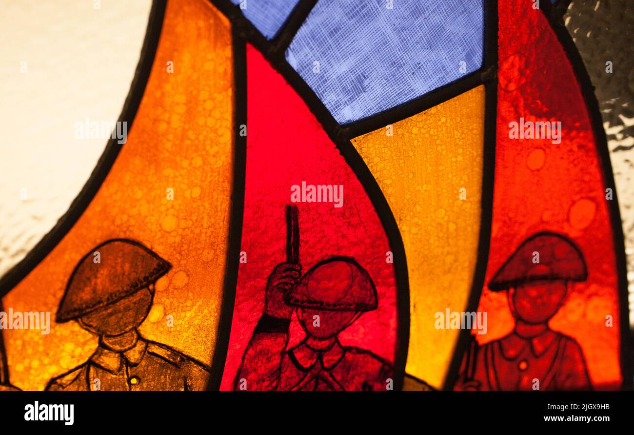Close-up abstract of one artists stained glass panel entry depicting ...