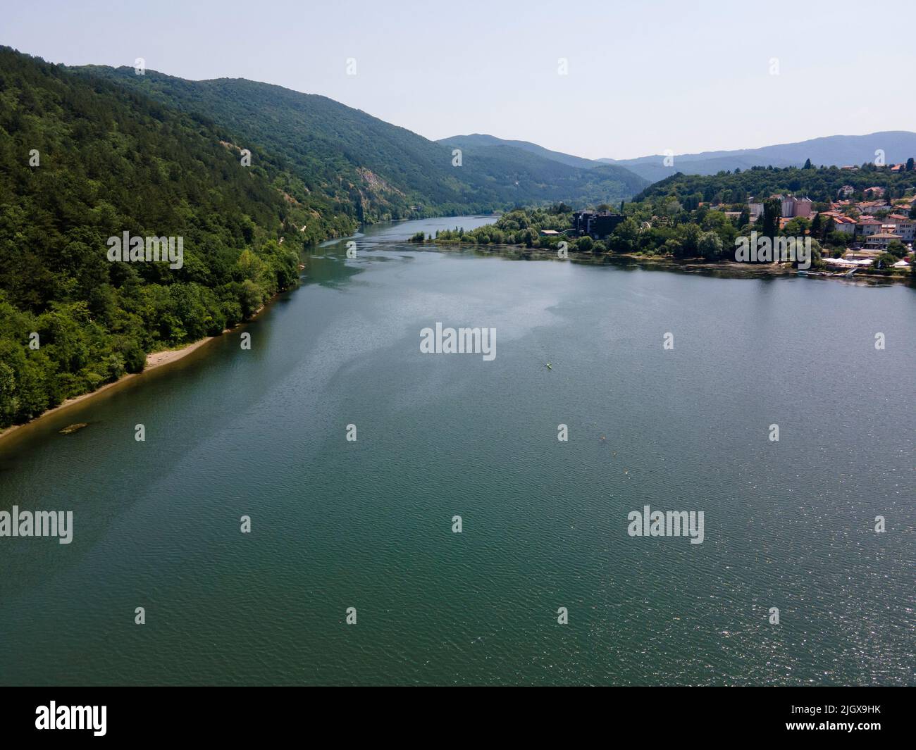 Aerial summer view of Pancharevo lake, Sofia city Region, Bulgaria ...