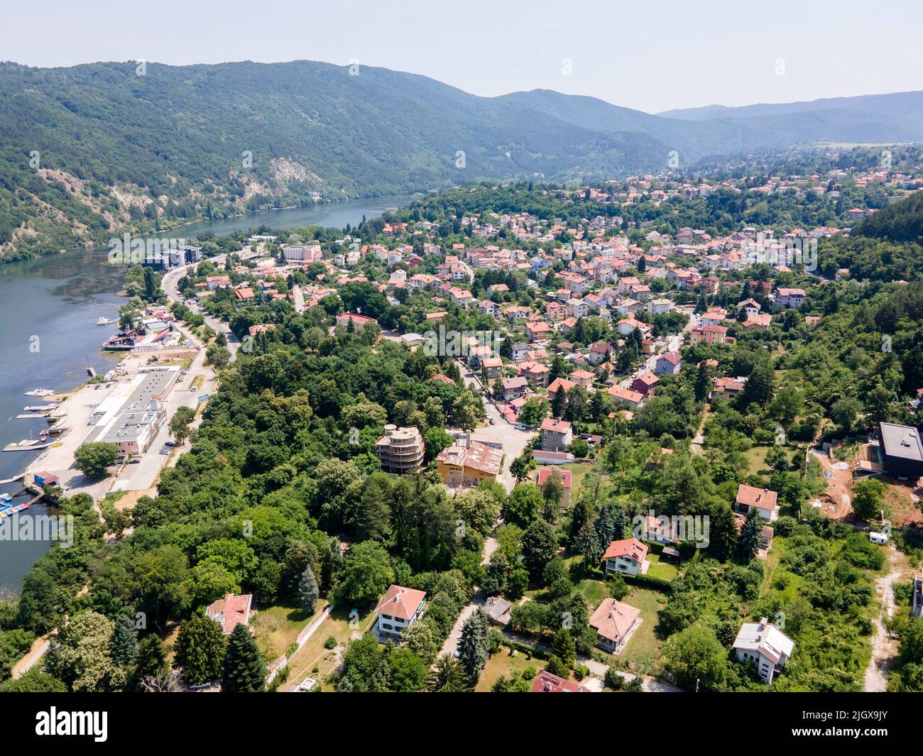 Aerial summer view of Pancharevo lake, Sofia city Region, Bulgaria ...