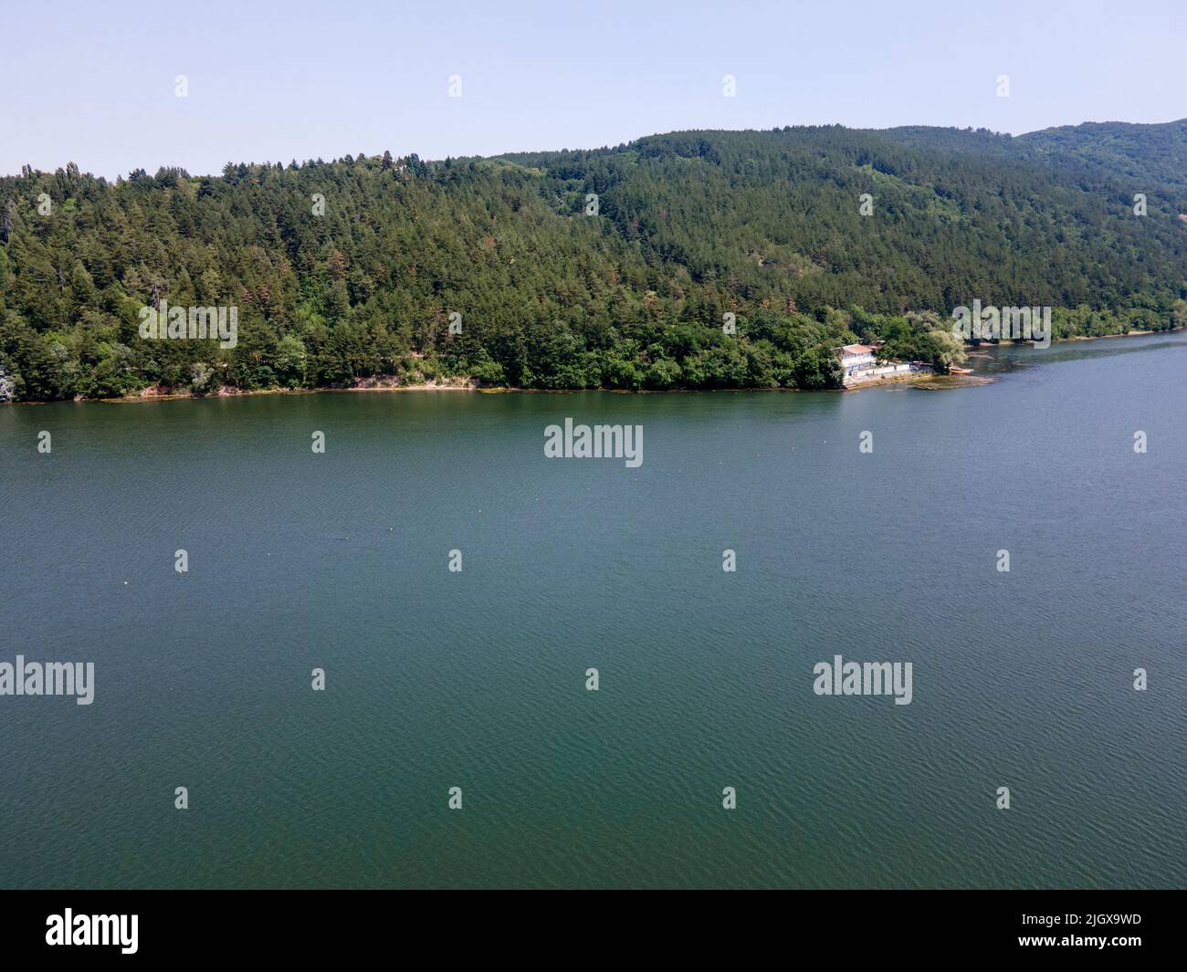 Aerial summer view of Pancharevo lake, Sofia city Region, Bulgaria ...