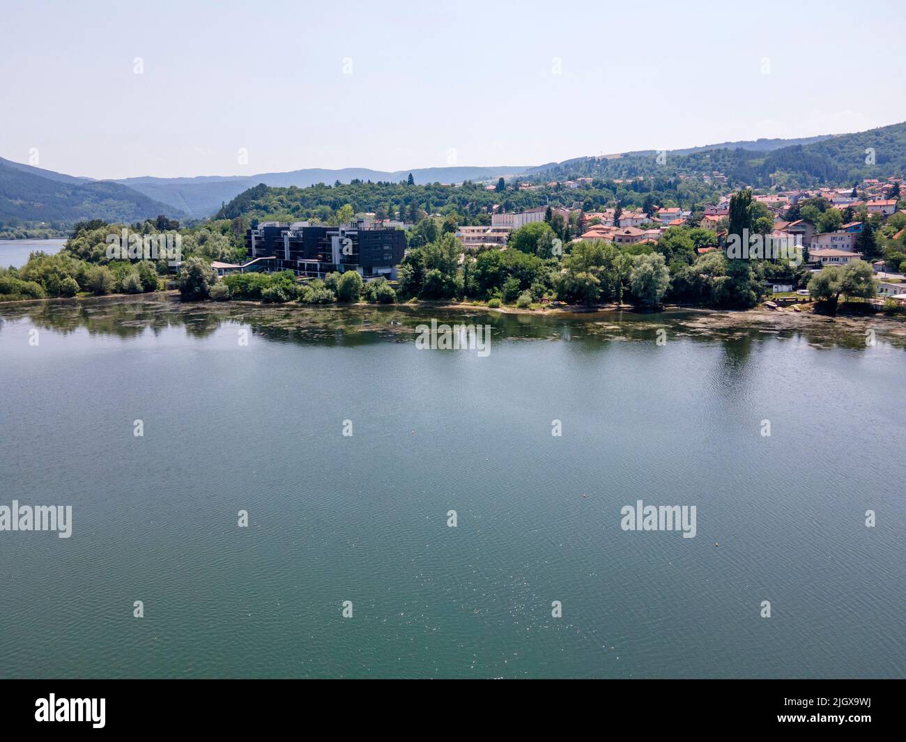 Aerial summer view of Pancharevo lake, Sofia city Region, Bulgaria ...