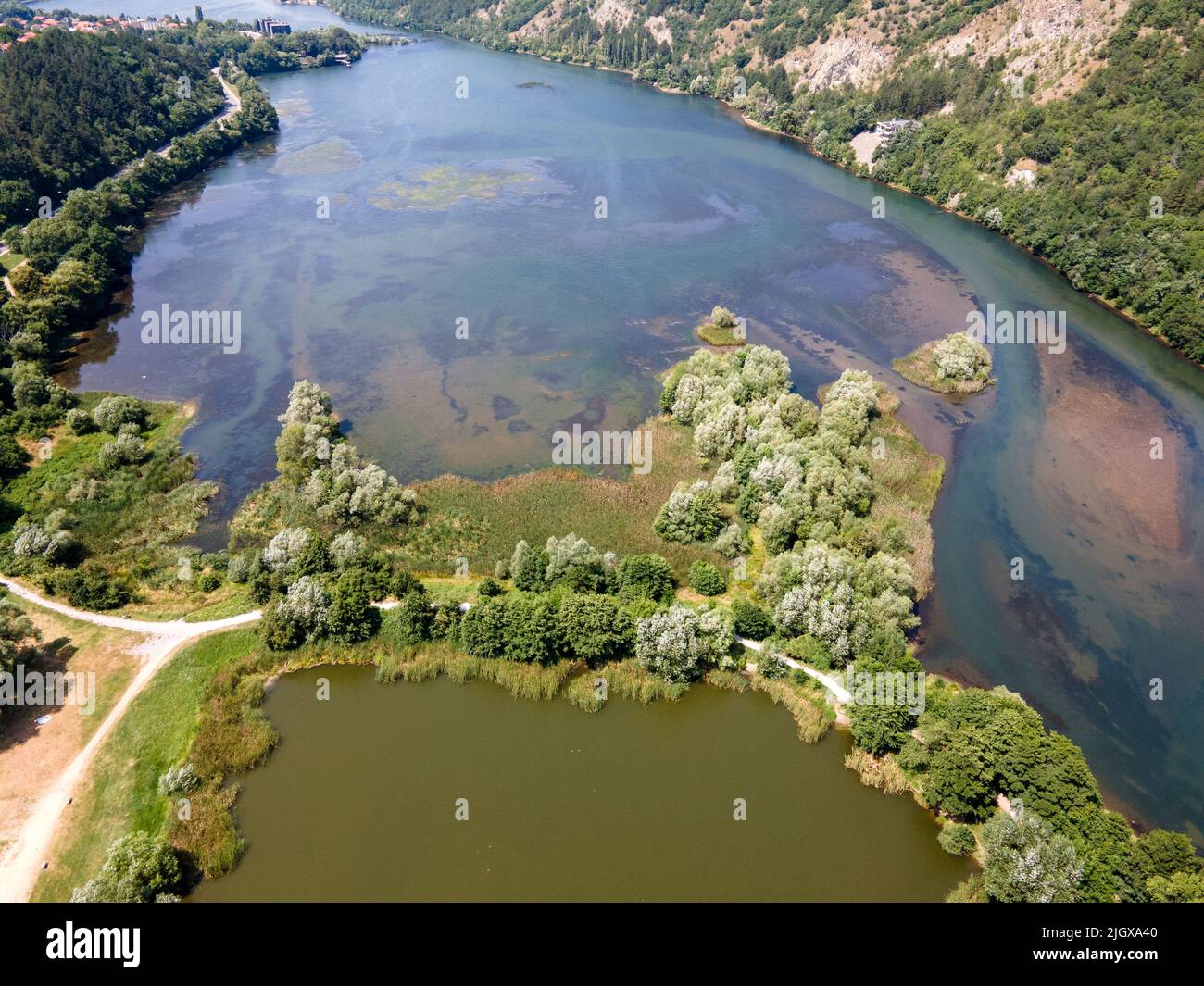 Aerial summer view of Pancharevo lake, Sofia city Region, Bulgaria ...