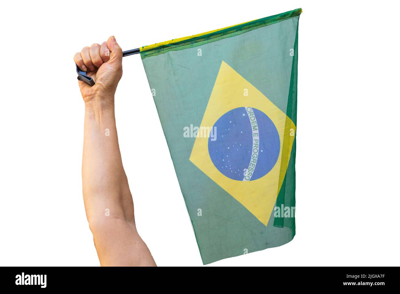 Holding Brazil flag isolated on white Stock Photo - Alamy