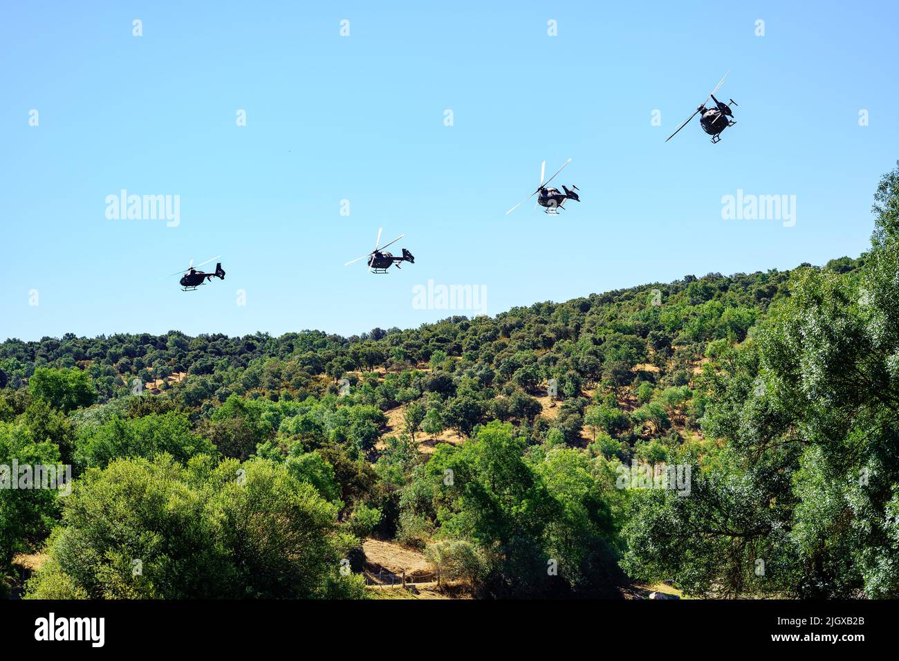 Helicopters flying in line through the blue sky over a field of wild ...