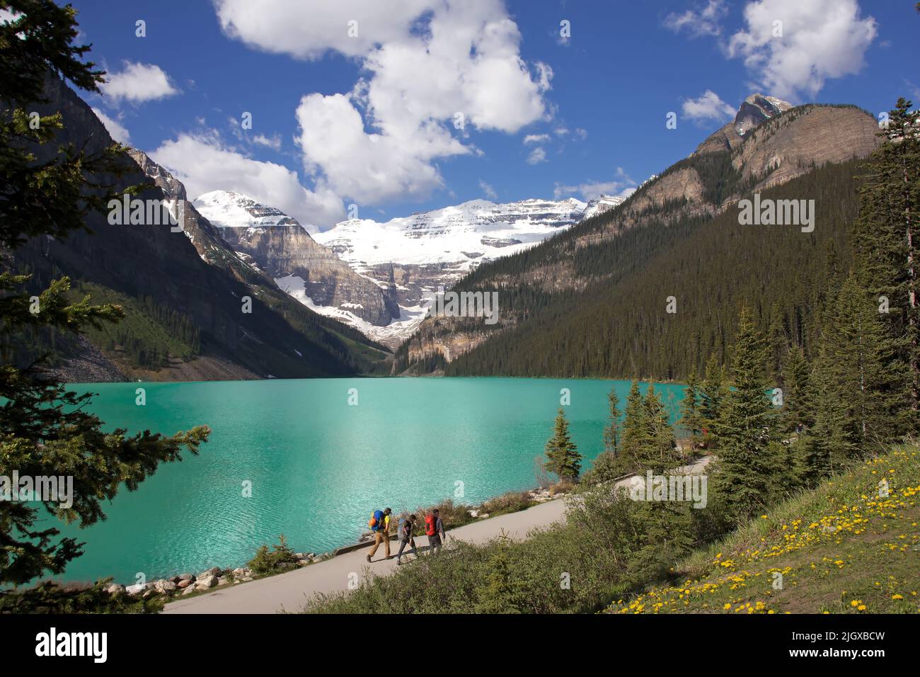 Lake Louise with hiking path, Banff region, Canada Stock Photo - Alamy