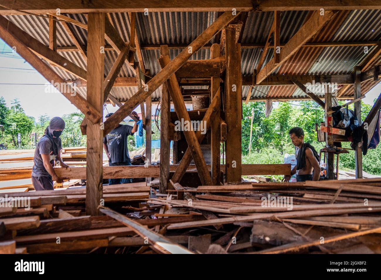 Carpenters work together to cut lumber for furniture at a family-owned ...