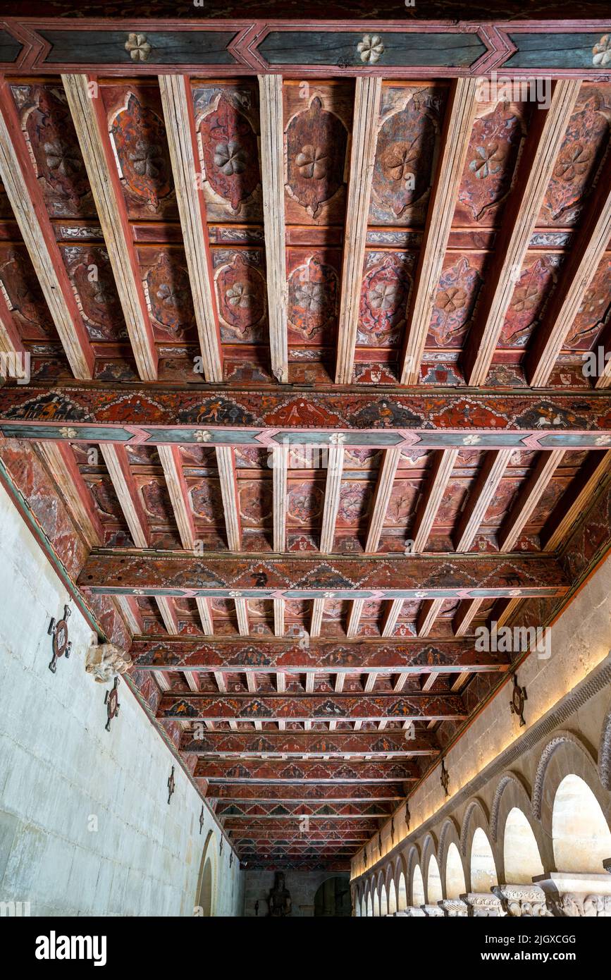 Wooden ceiling in galleries of Romanesque cloister in Abbey of Santo ...