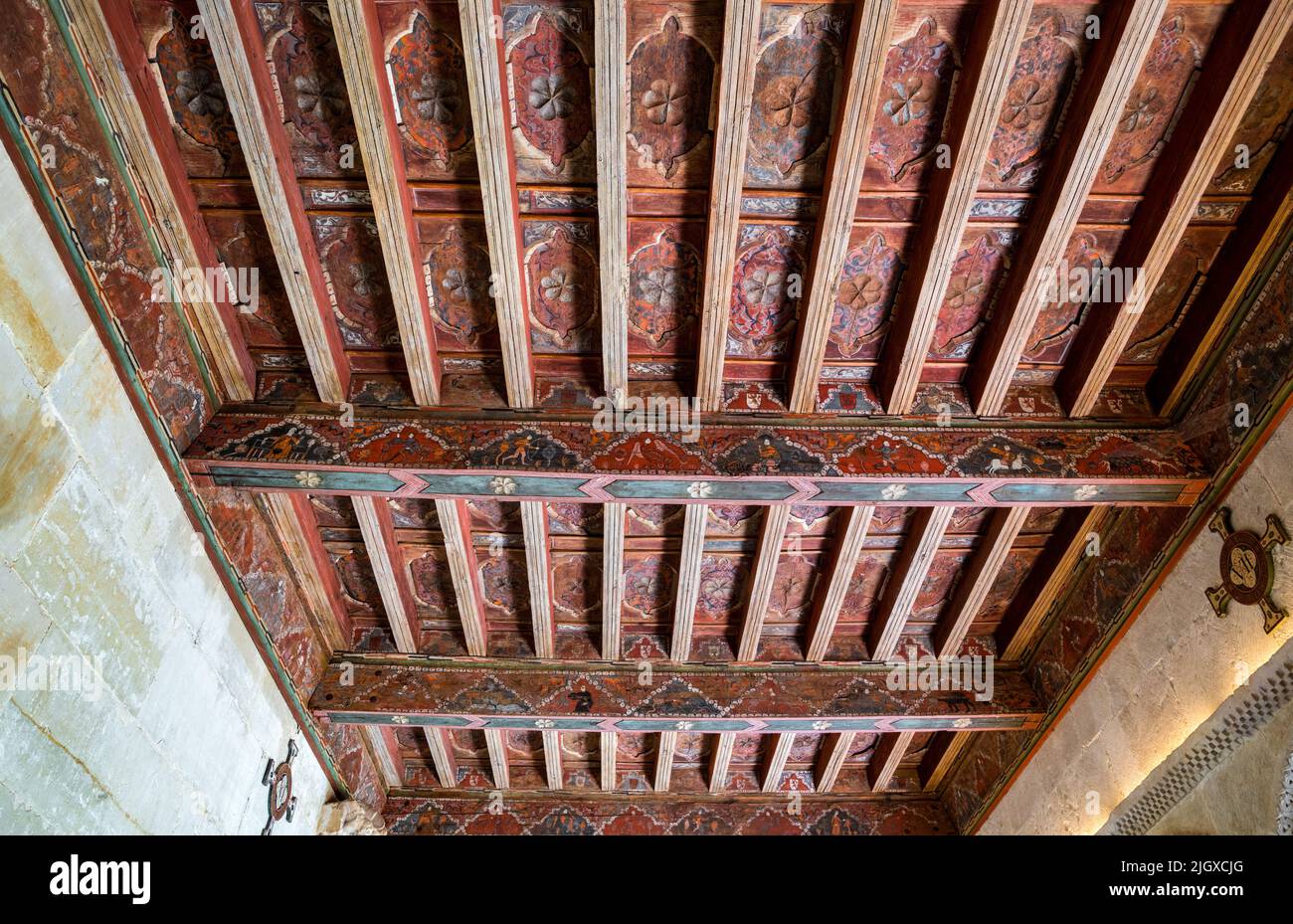 Wooden ceiling in galleries of Romanesque cloister in Abbey of Santo ...