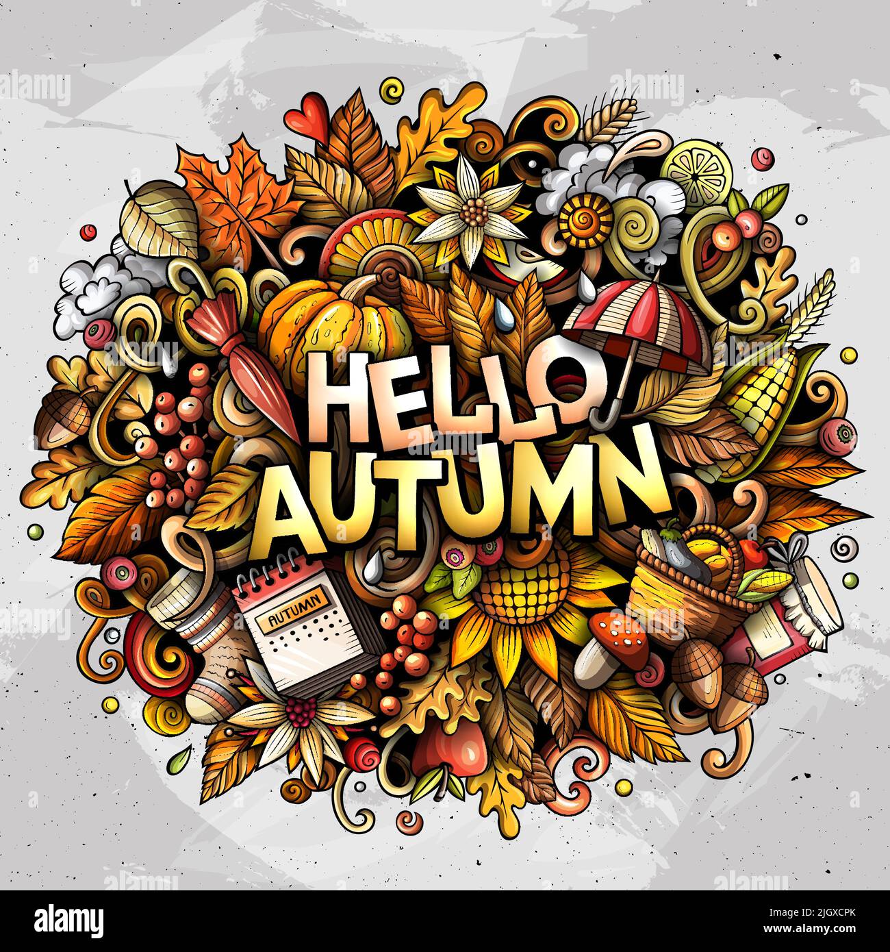 Hello Autumn nature cartoon doodle illustration Stock Vector Image ...