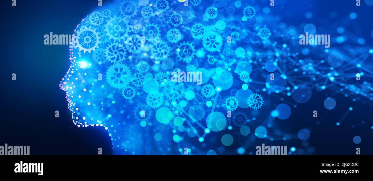 Human head with a luminous cog wheel. Creative brain gear, idea ...