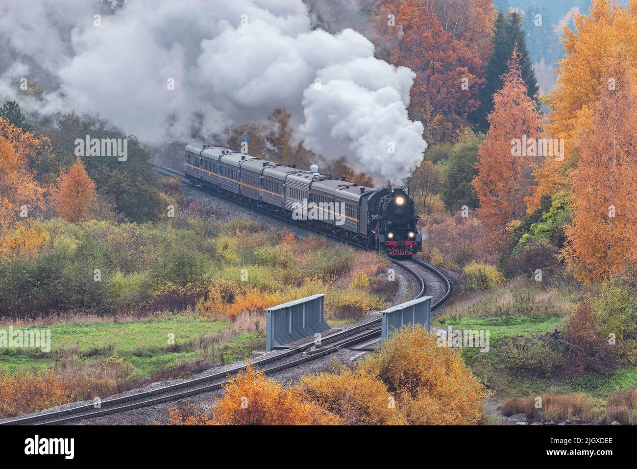 Retro steam train at autumn morning. Republic of Karelia. Russia Stock ...