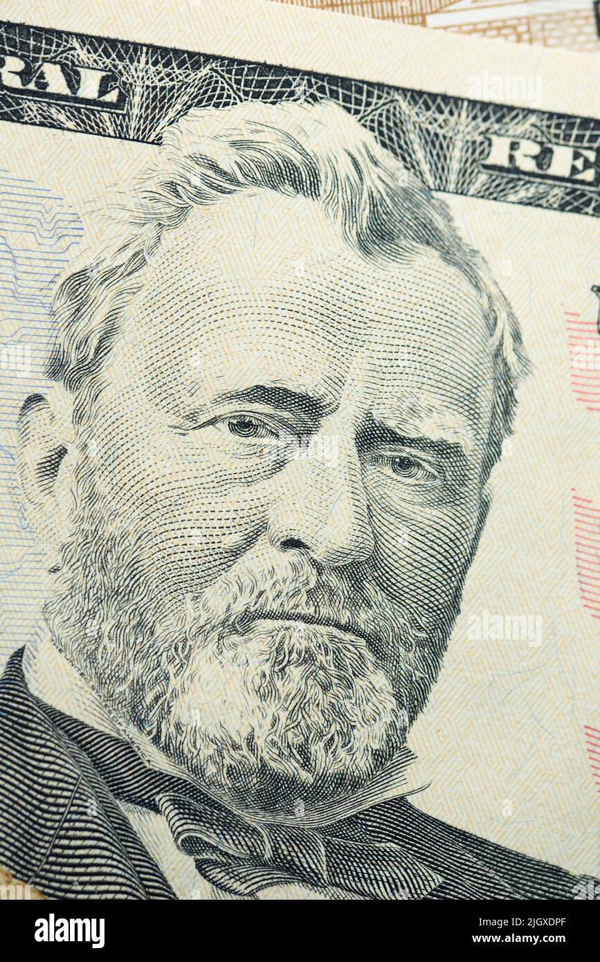 Close up of new fifty dollar bill. Macro close up of Ulysses S. Grant ...