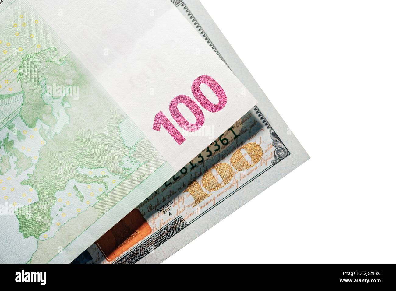 Close up of American money banknote bill with European cash money ...