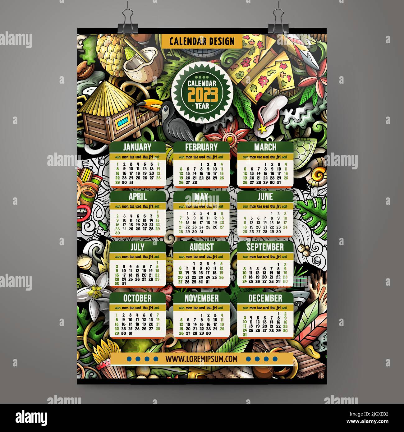 Cartoon colorful doodles Hawaii 2023 year calendar template Stock ...