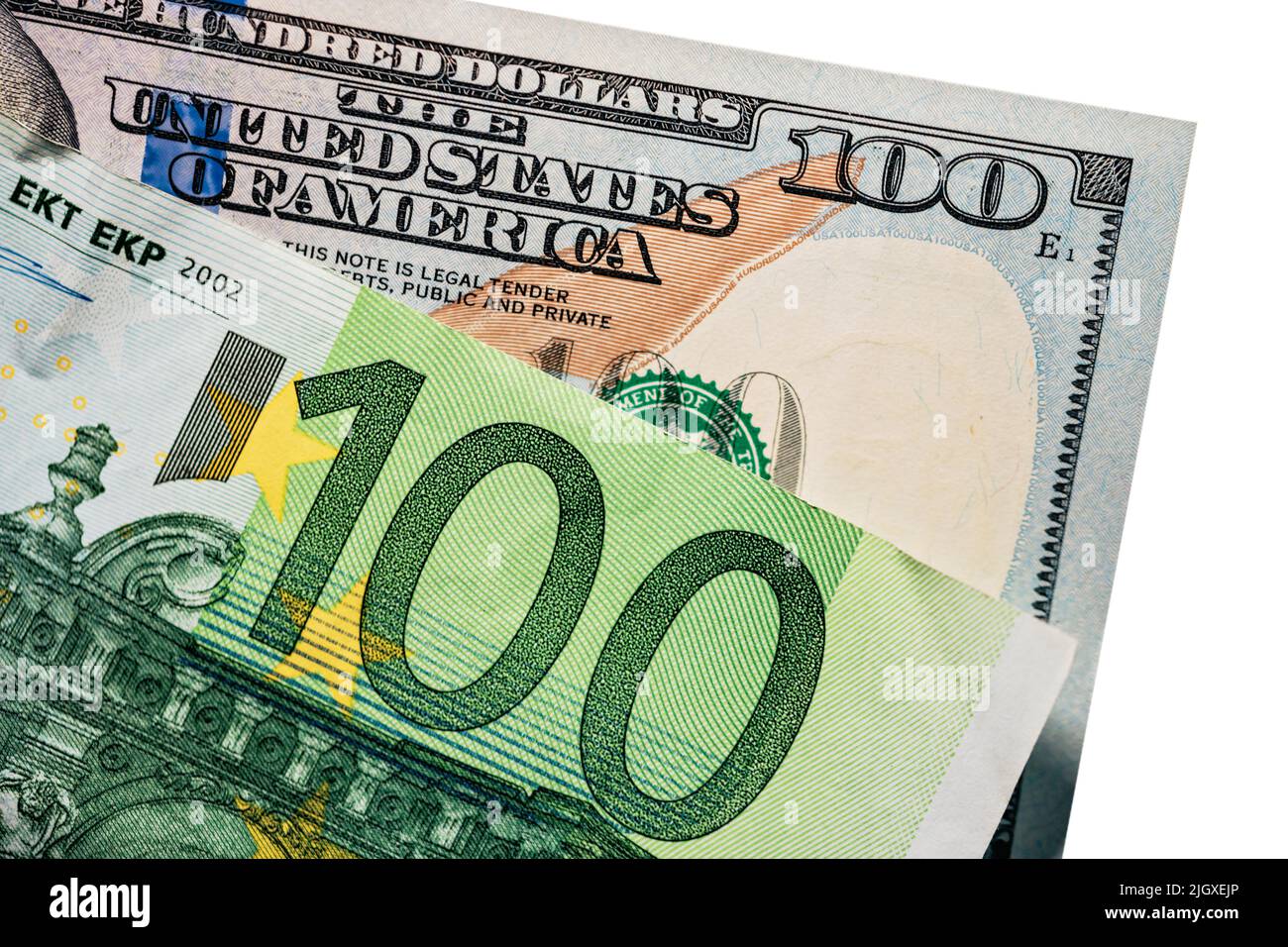 Close up of American money banknote bill with European cash money ...