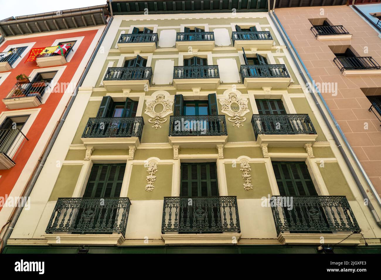 Beautiful building architecture in Pamplona city. Coloured buildings ...