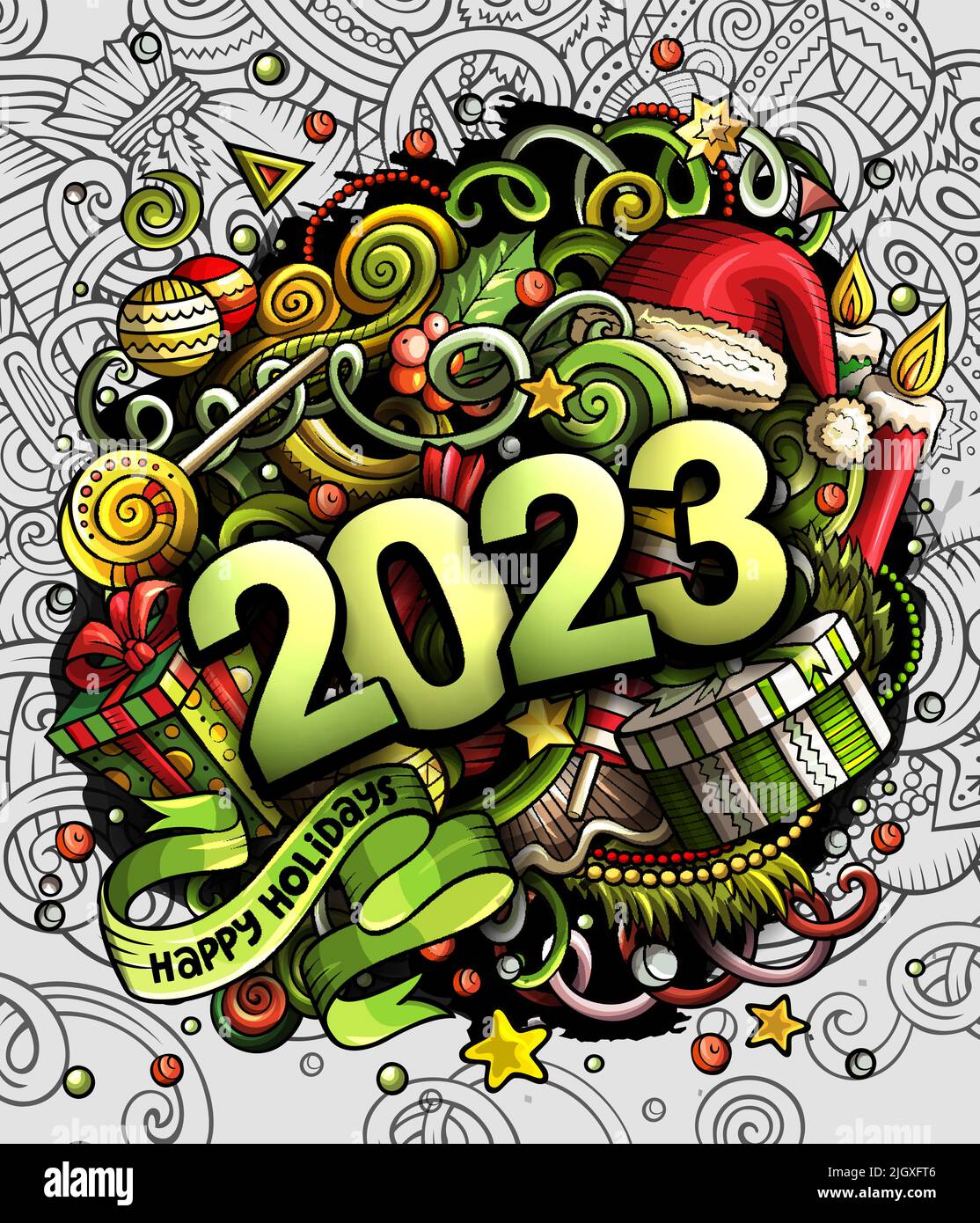 2023 doodles illustration. New Year objects and elements poster Stock ...