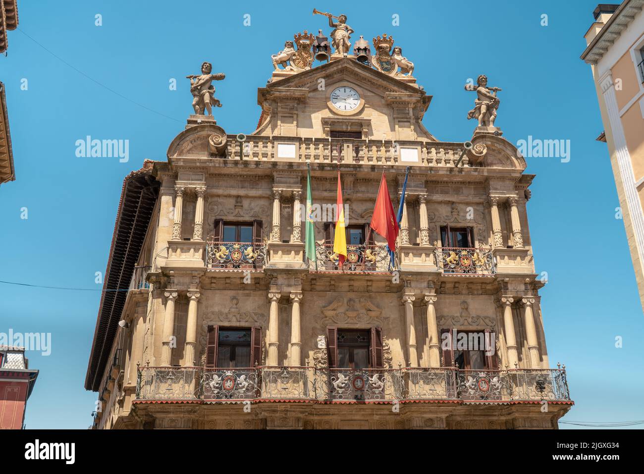 Beautiful building architecture in Pamplona city. Coloured buildings ...